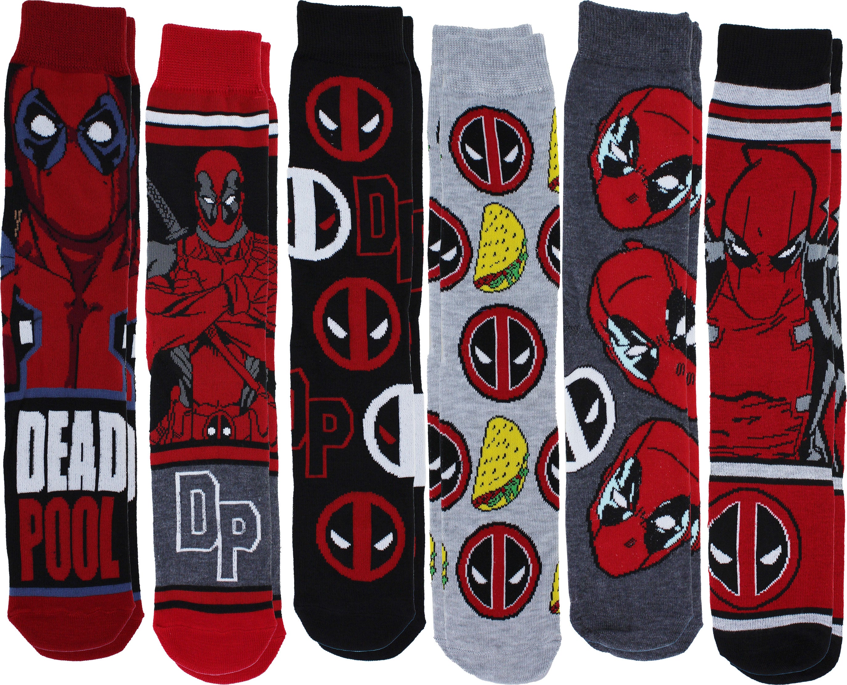 Marvel Comics Deadpool Collage Men's Casual Crew Socks, 6-Pack, Size 8